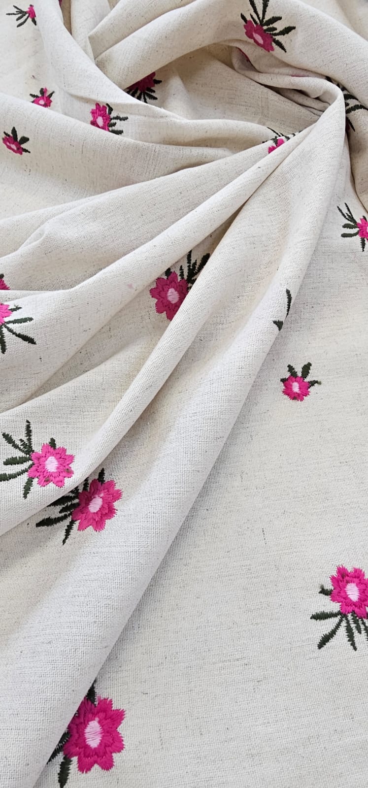 Linho Trovata Natural Bordado Flores Pink - Só Tecidos - Todo site em ...