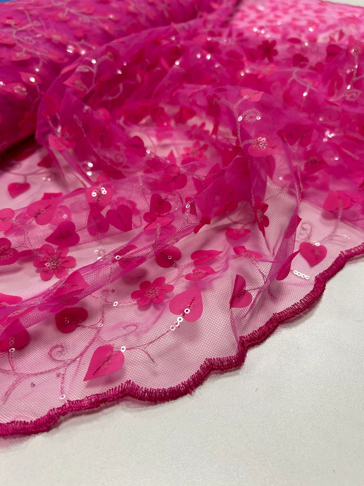 Tule Bordado 3D Floral Pink com Paetês Transparentes - Só Tecidos ...