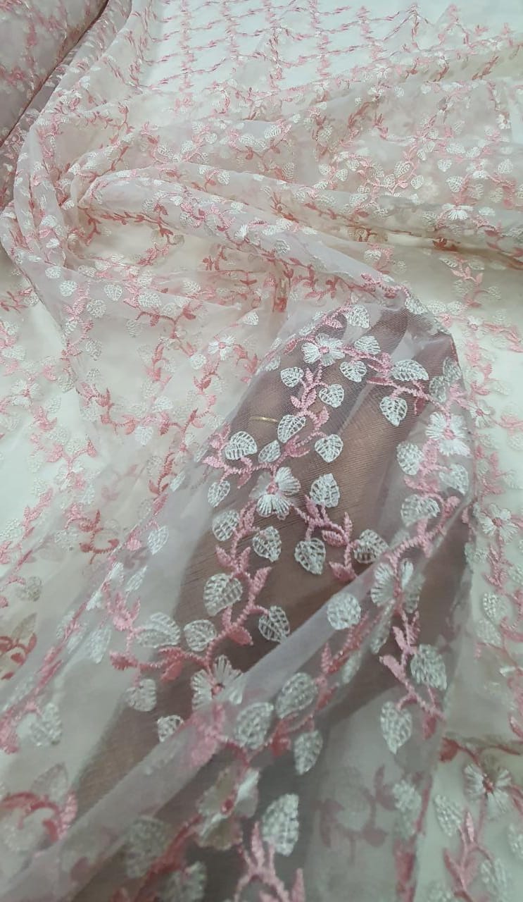 Tule Bordado Bicolor Rosa e Branco - Só Tecidos