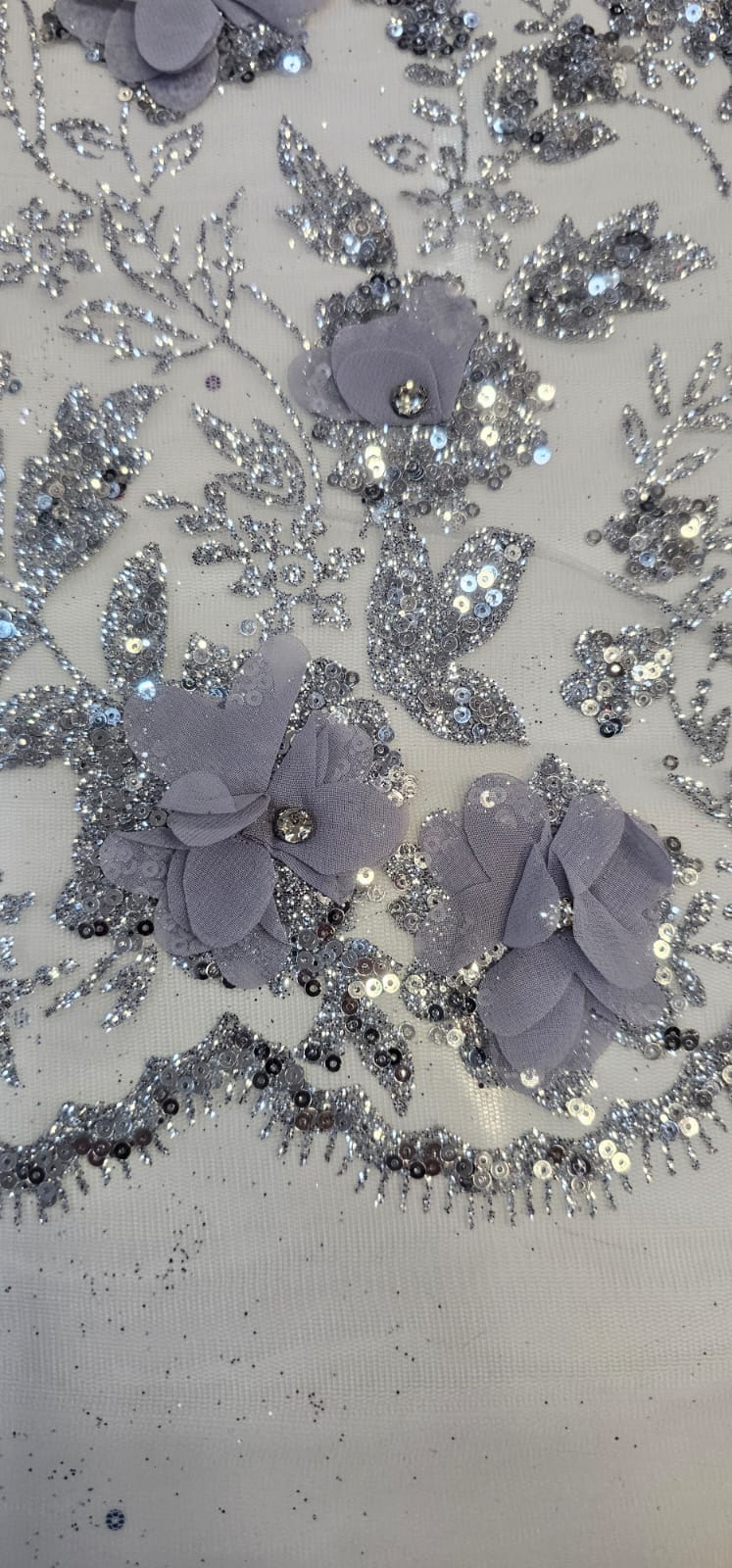 Tule Bordado com Glitter 3D Prata ST3853 - Só Tecidos