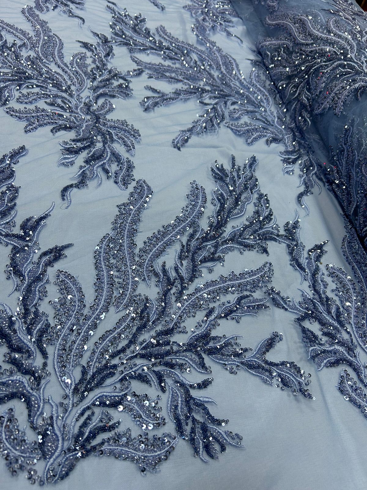 Tule Bordado com Pedrarias Azul Serenity HS2670 - Só Tecidos